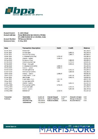 Blank Cuba Banco Popular de Ahorro (BPA) bank statement word download for verification - Marfisa