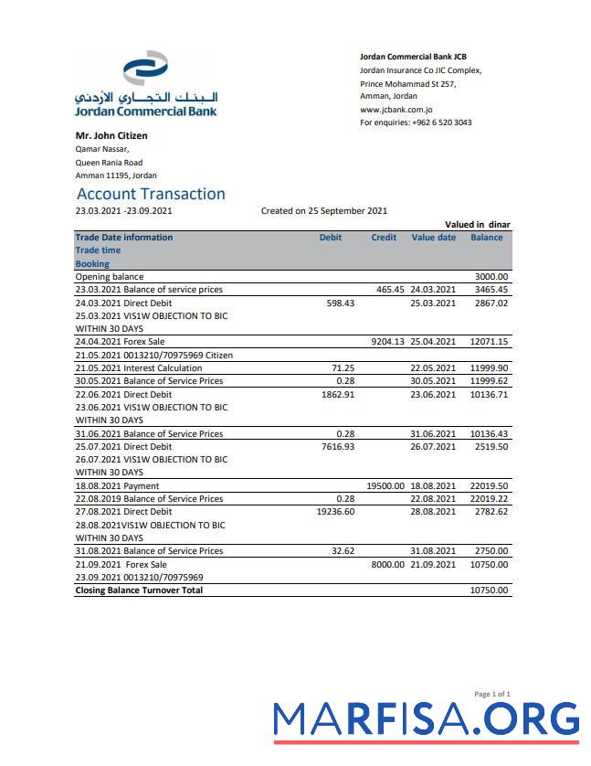 Downloadable Jordan Commercial Bank JCB bank statement excel download ...