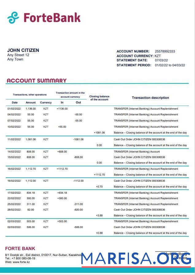Downloadable Kazakhstan Forte bank statement word template - Marfisa