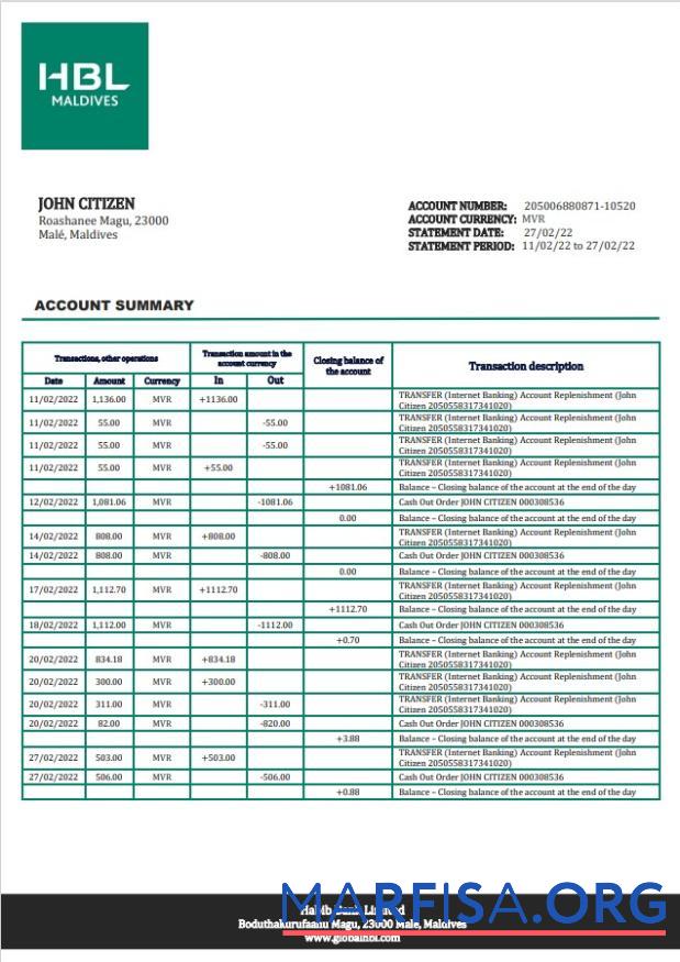 Blank Maldives HBL bank statement word real example - Marfisa