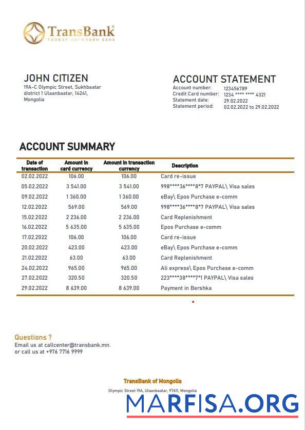 Blank Mongolia Transbank bank statement word real example - Marfisa
