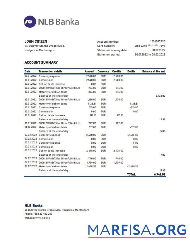 Realistic Montenegro NLB bank statement excel real example - Marfisa