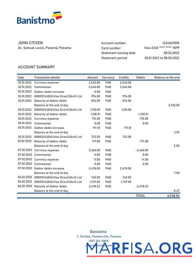 Realistic Panama Banistmo bank statement excel example - Marfisa