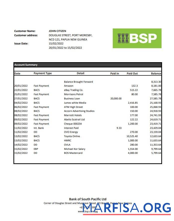 Printable Papua New Guinea BSP bank statement excel real example - Marfisa