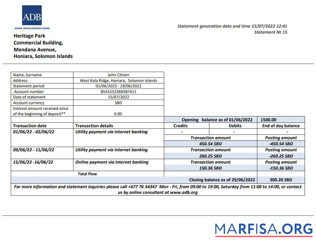 Blank Solomon Islands ADB bank statement word template - Marfisa
