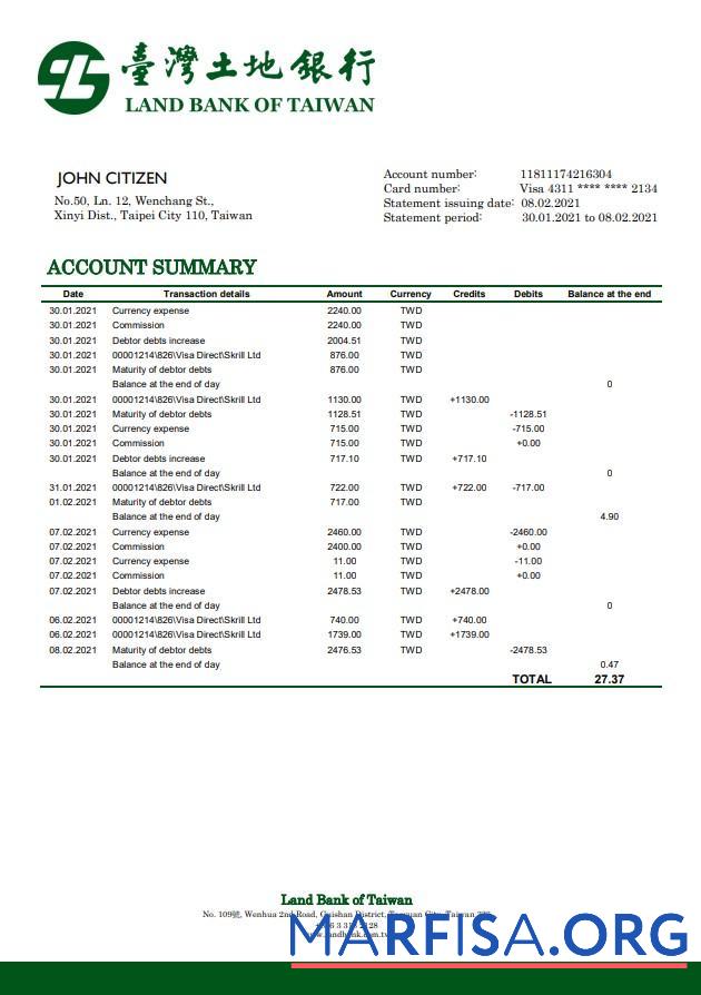 Blank Taiwan Land Bank of Taiwan bank statement word sample - Marfisa