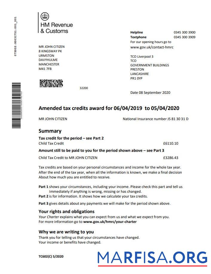Printable United Kingdom HM Revenue & Customs tax credits award ...