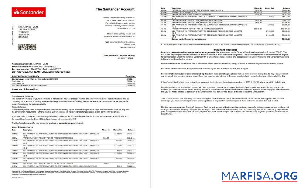 Blank United Kingdom Santander bank statement word (2 pages) example ...
