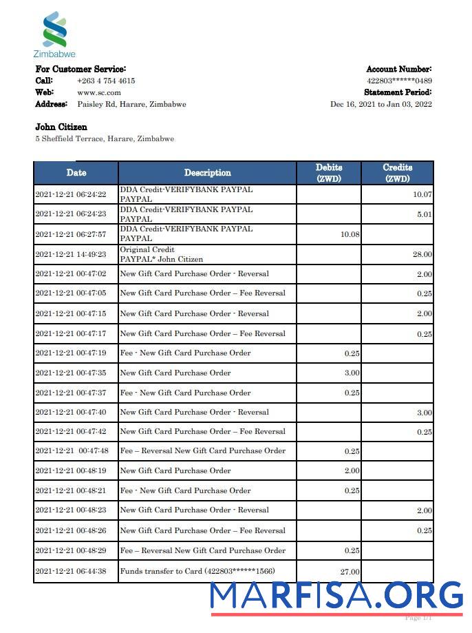Blank Zimbabwe Standard Chartered bank statement excel real example ...