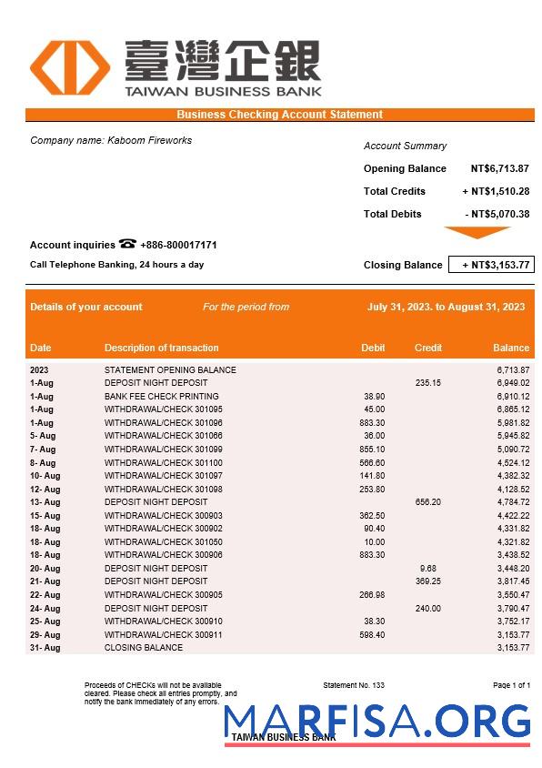 Blank Taiwan Business Bank statement Word and PDF template - Marfisa