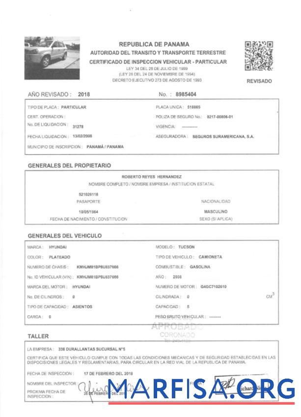 Blank Panama vehicle registration certificate sample - Marfisa