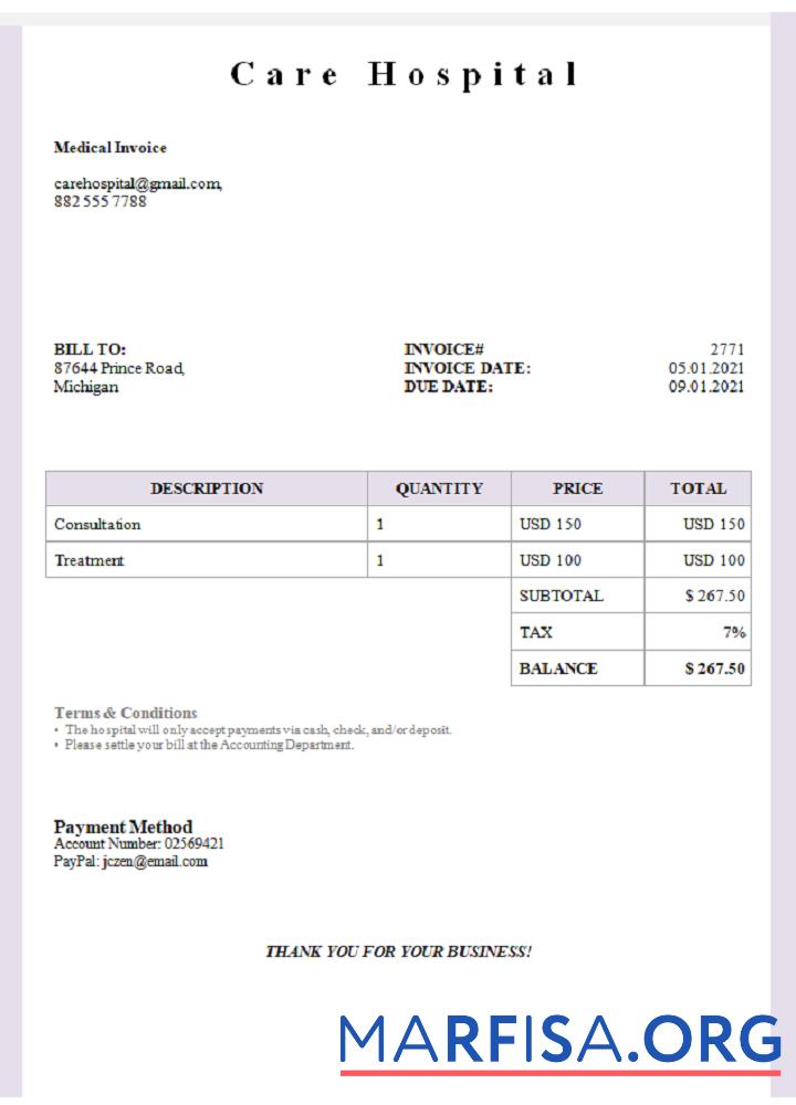 Downloadable USA Care Hospital invoice sample - Marfisa
