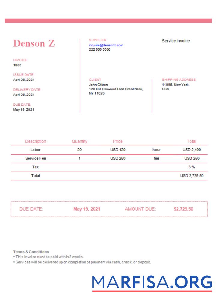 Blank USA Denson Z invoice sample - Marfisa