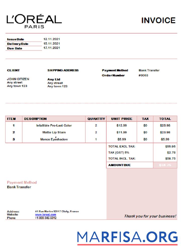 Realistic USA L’oreal Paris invoice sample - Marfisa