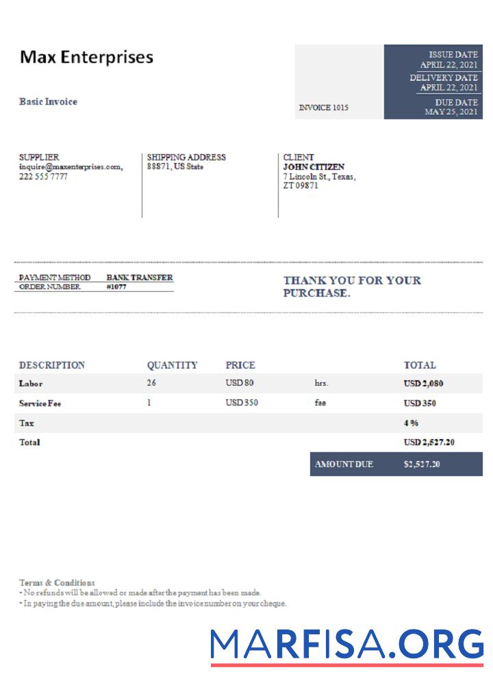 Downloadable USA Max Enterprises invoice sample - Marfisa