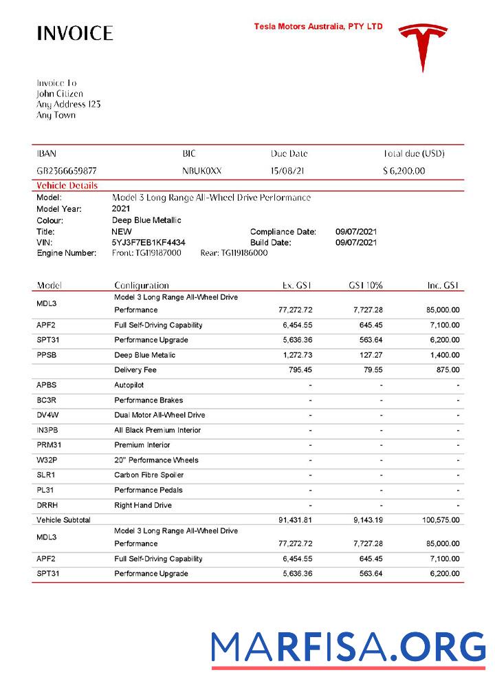 Blank USA Tesla invoice sample - Marfisa