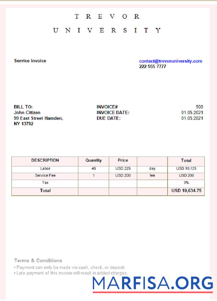 Realistic USA Trevor University invoice template - Marfisa