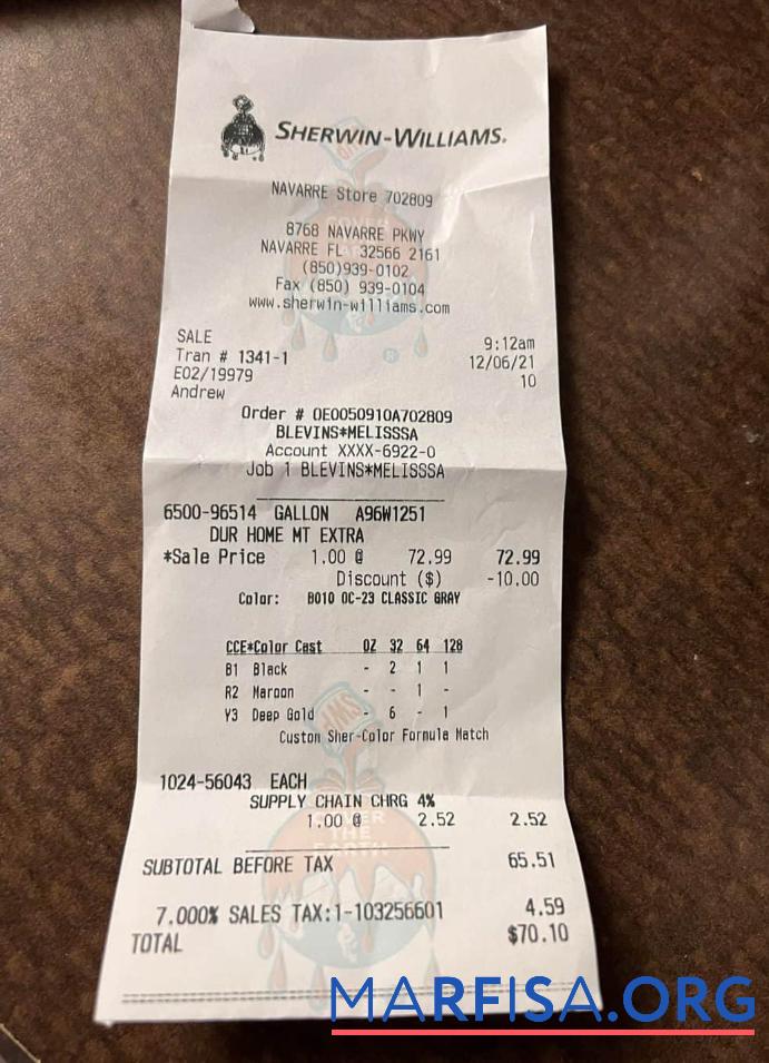 Printable Sherwin Williams company payment receipt template - Marfisa