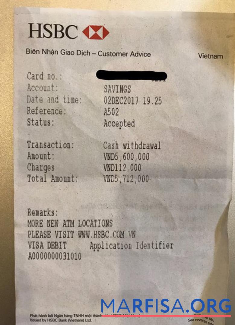 Realistic Vietnam HSBC bank receipt real example - Marfisa