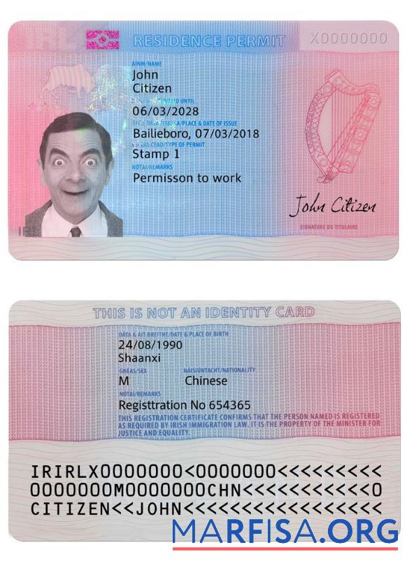 Blank Ireland residence permit example - Marfisa