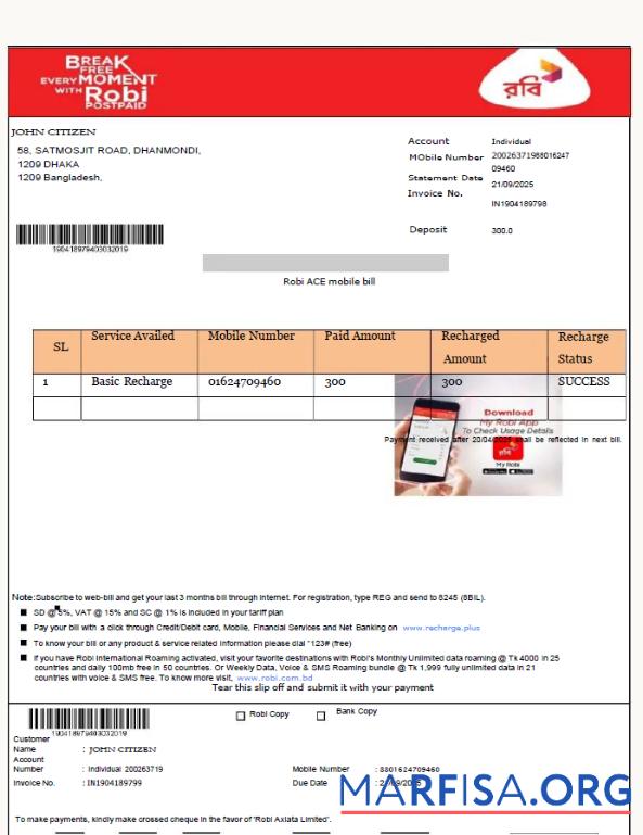 Blank Bangladesh Robi Axiata Limited utility bill template in Word and ...