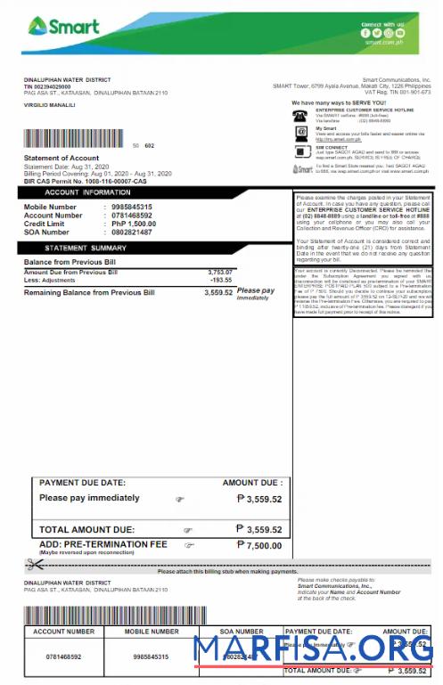 Printable PHILIPPINES SMART utility bill Word and PDF template - Marfisa